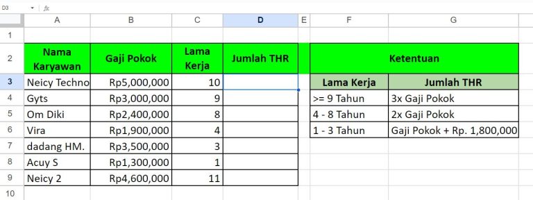 Cara Menghitung THR Karyawan Sesuai Lama Kerja di Spreadsheet - Neicy Techno